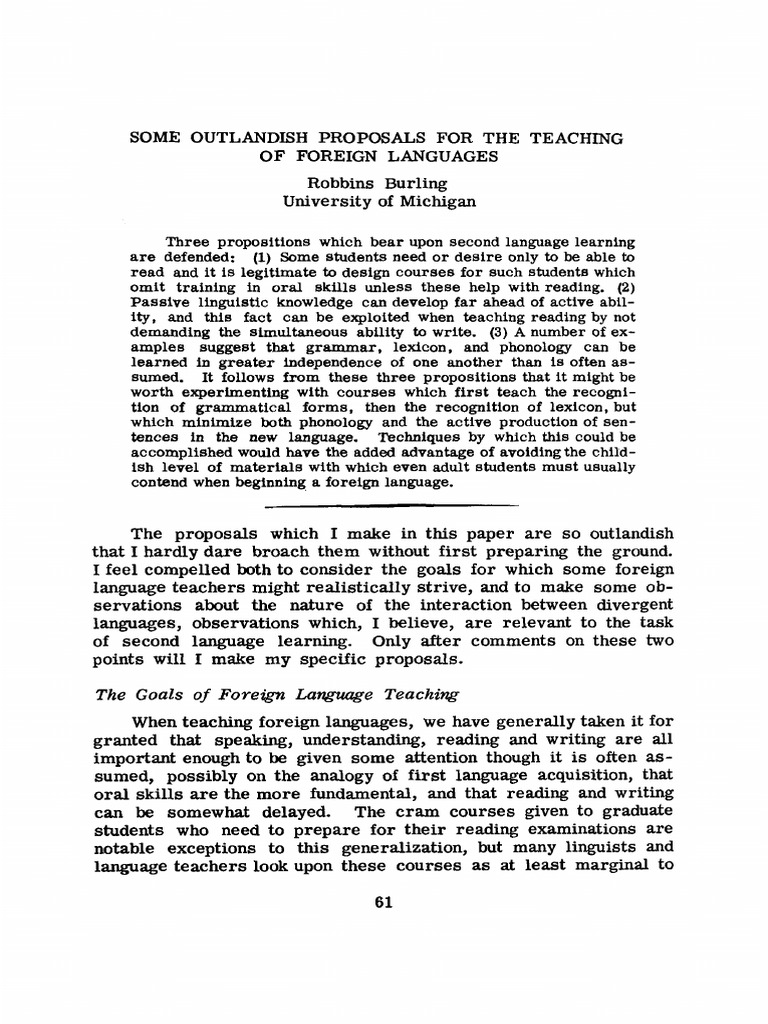 Some Outlandish Proposals For The Teaching of Foreign Languages ...