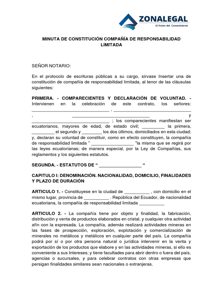 Minuta de Constitucion Compania de Responsabilidad Limitada | PDF | Gobierno