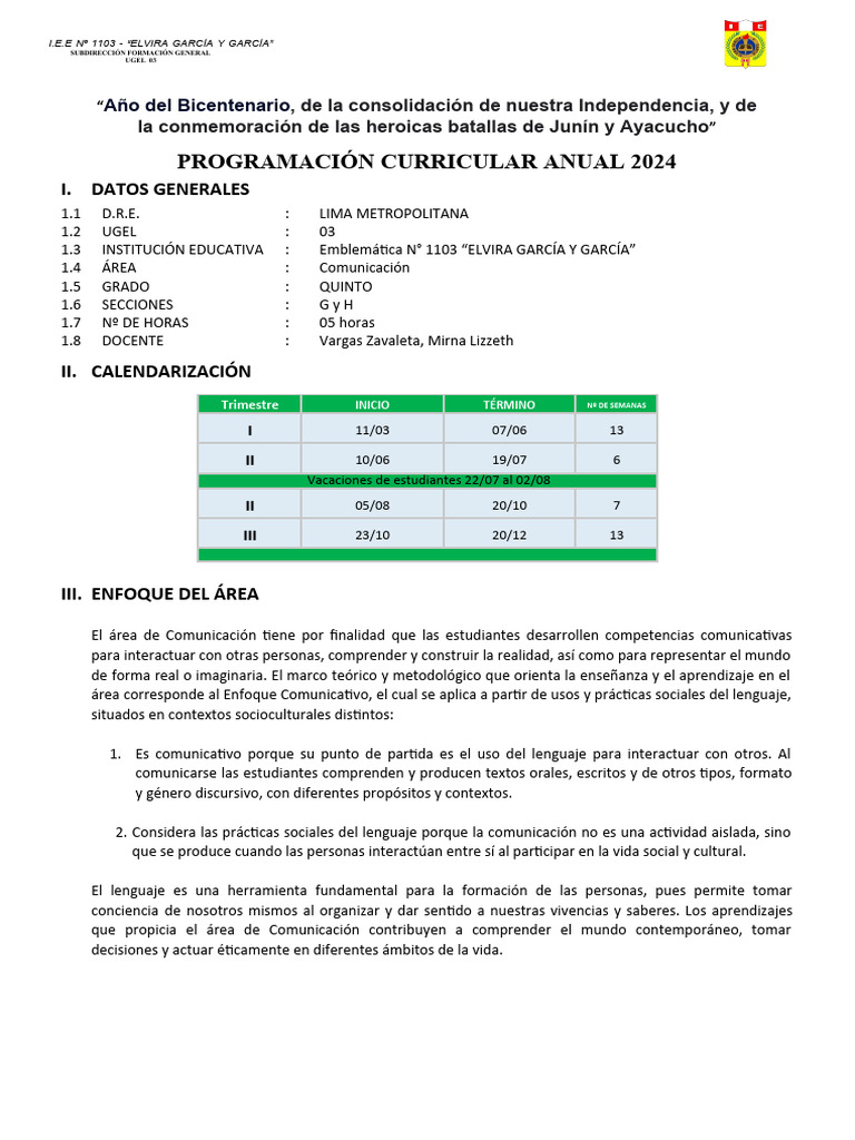 Programación Curricular Anual 5to 2024 | PDF | Evaluación | Aprendizaje