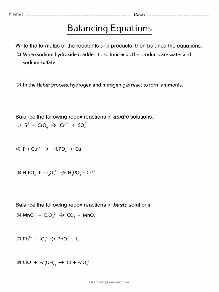 Balancing Chemical Equations With Charges Worksheet | PDF