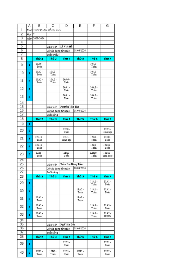 TKB Theo Tung GV Lan 4 hk2 2023 2024 | PDF