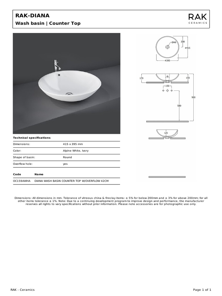 Rak Diana Wash Basin Counter Top Woverflow 42cm | PDF