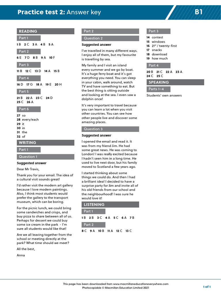 B1 Preliminary 2 Answer Key | PDF