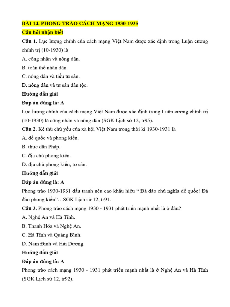 Trac Nghiem Lich Su 12 Bai 14 Co Dap An Phong Trao Cach Mang 1930 1935 | PDF