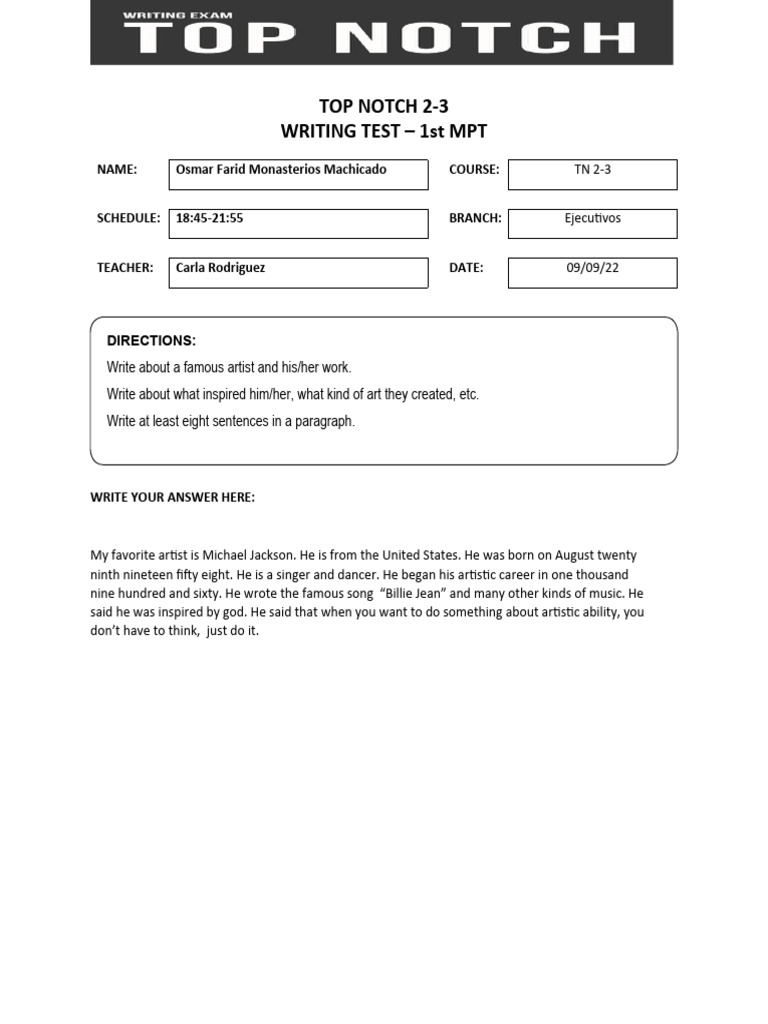 Writing Test on Famous Artists | PDF