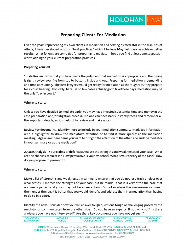 Preparing Clients For Mediation | PDF | Mediation | Lawsuit