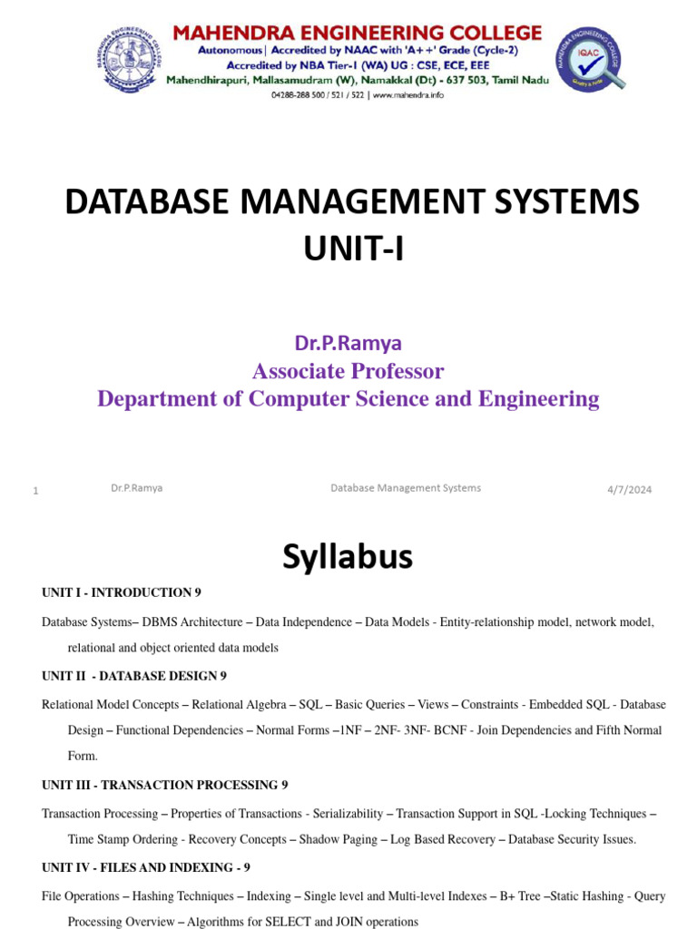 Ramya Syllabus And Unit 1 Pdf Databases Relational Database