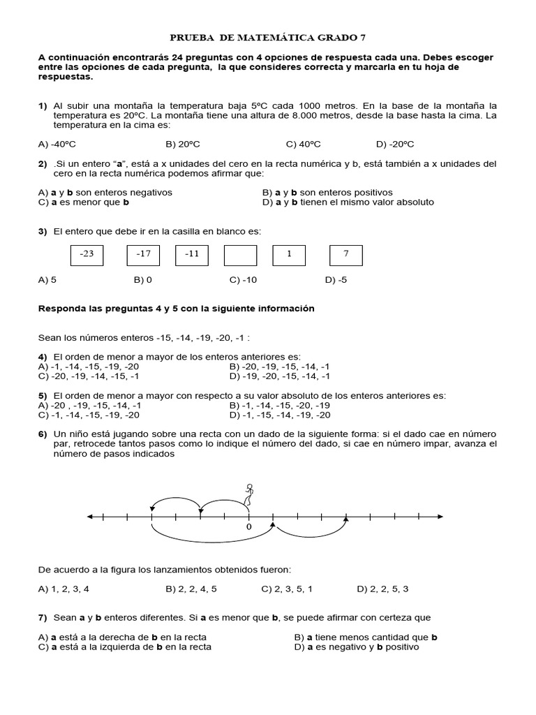 Prueba de Matemáticas para Séptimo Grado | PDF | Entero | Sustracción
