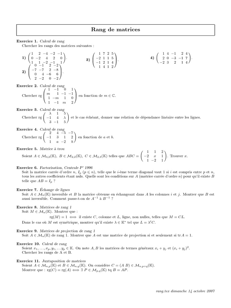 Calcul du Rang des Matrices | PDF | Matrice (Mathématiques) | Algèbre ...