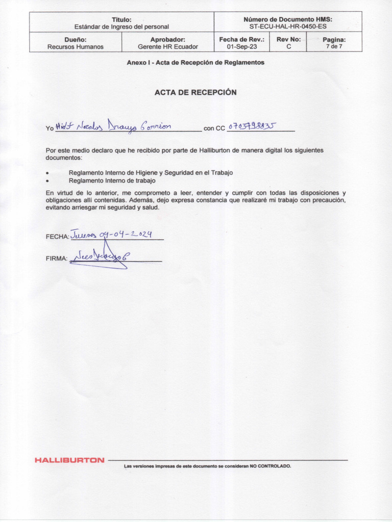 Araujo Carrion Hidt Nicolas Acta Recepción Reglamento | PDF