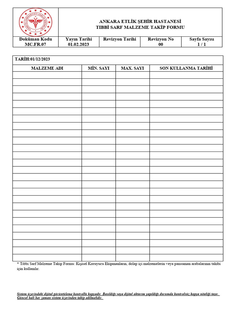 MC.FR.07 TIBBİ SARF MALZEME TAKİP FORMU | PDF