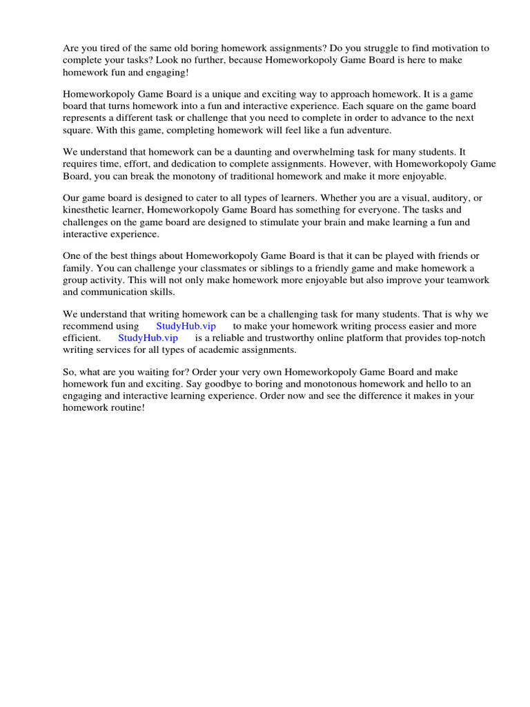 Homeworkopoly Game Board | PDF | Homework | Learning