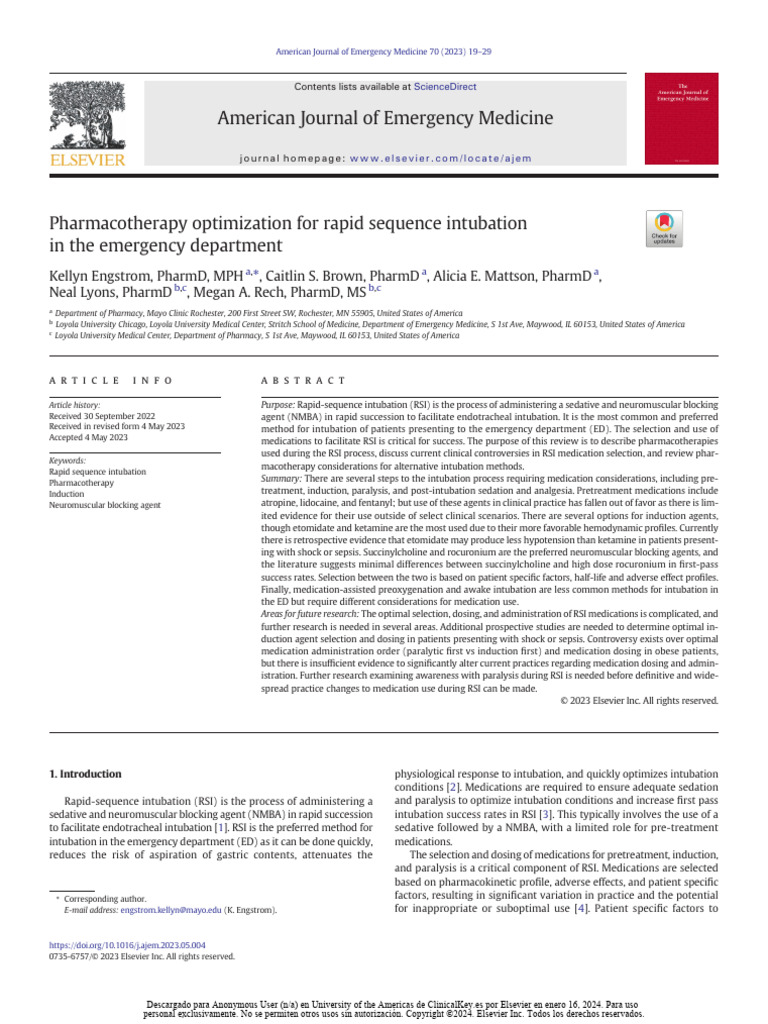 Pharmacotherapy Optimization For Rapid Sequence Intubation in The ...