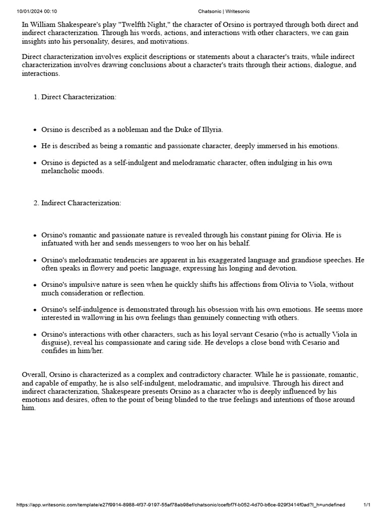 Orsino | PDF | Twelfth Night | Behavioural Sciences