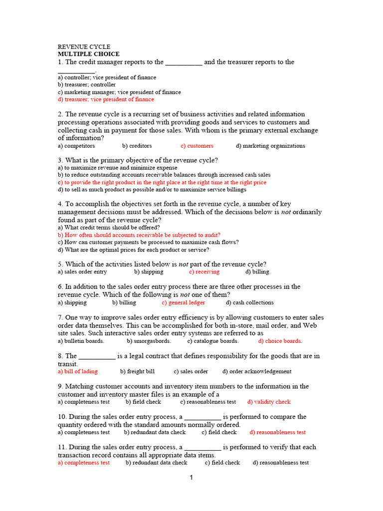 REVENUE CYCLE TEST Answer | PDF | Inventory | Sales