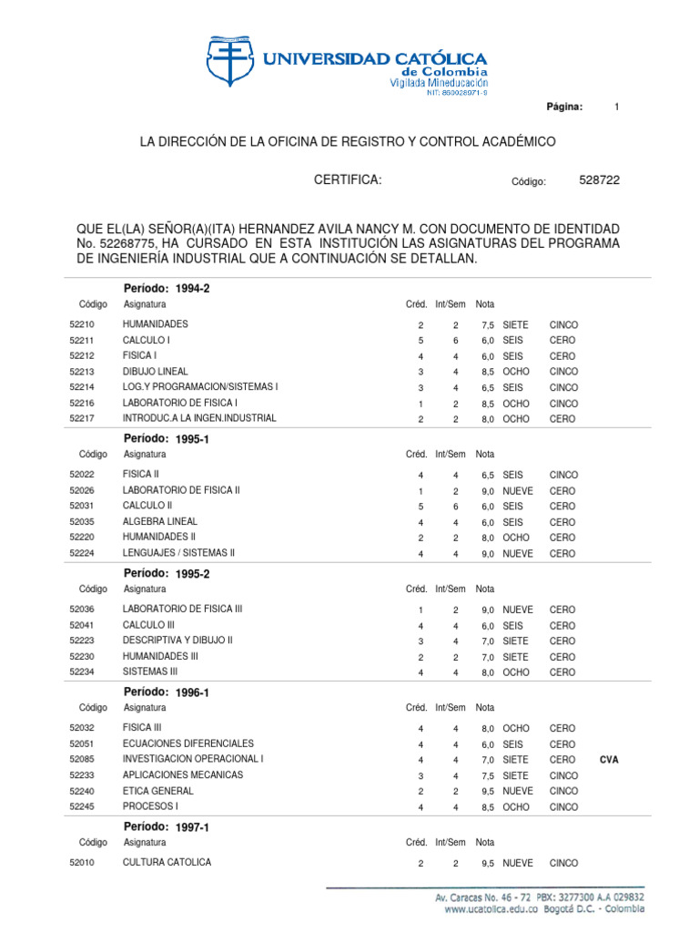 CERTIFICADO DE NOTAS-TRADUCCION Grade Transcripts - UNIVERSIDAD CATOLICA DE COLOMBIA - NANCY ...