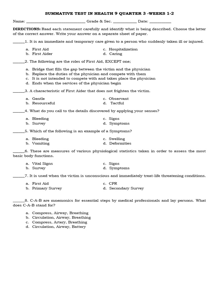 Summative Test in Health 9 Quarter 3 | PDF | First Aid | Wound