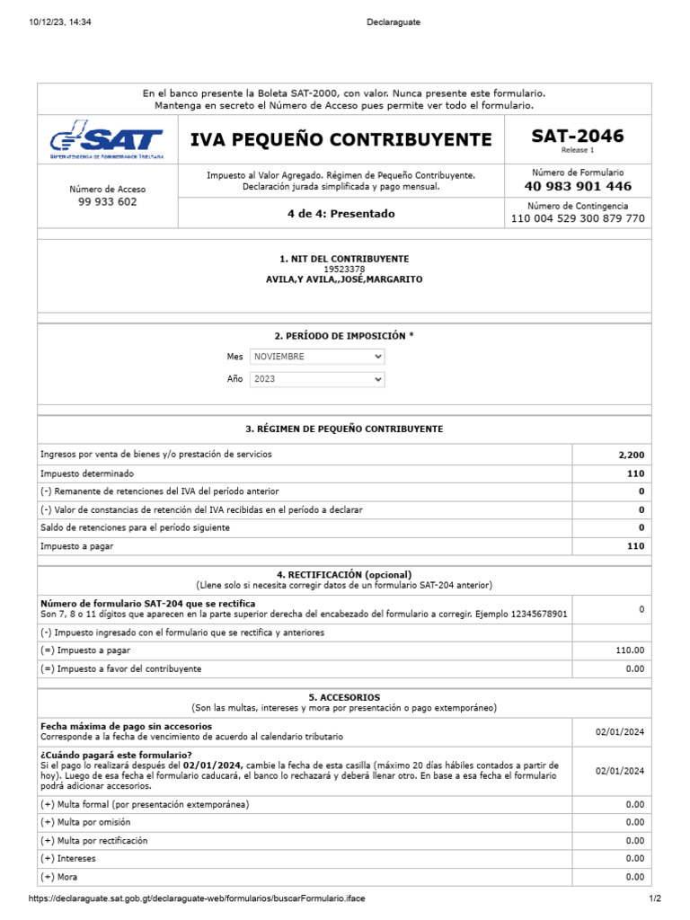 Formulario Noviembre Profe 2023 | PDF | Impuesto al valor agregado ...