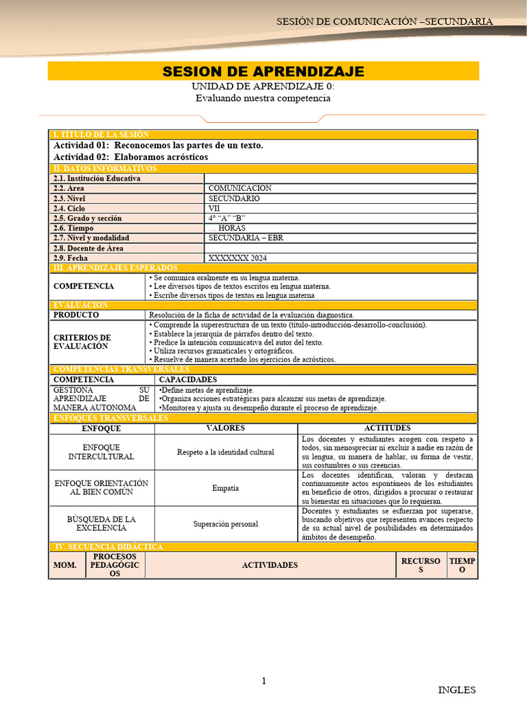 4° Sesion Actv o - Comunicación 2024 | PDF | Evaluación | Aprendizaje