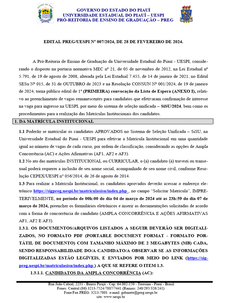 Edital Preg 007.2024 Primeira Chamada Da Lista de Espera Sisu 2024 | PDF