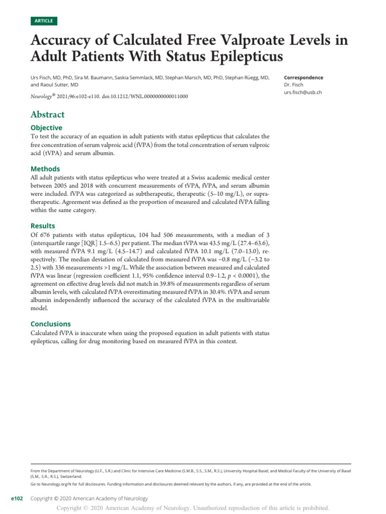 Accuracy of Calculated Free Valproate Levels | PDF | Human Diseases And ...