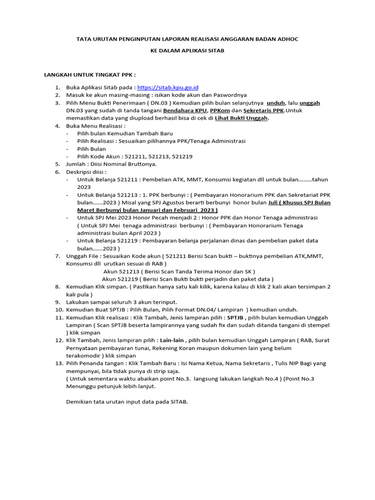 Panduan Input Laporan Anggaran SITAB | PDF