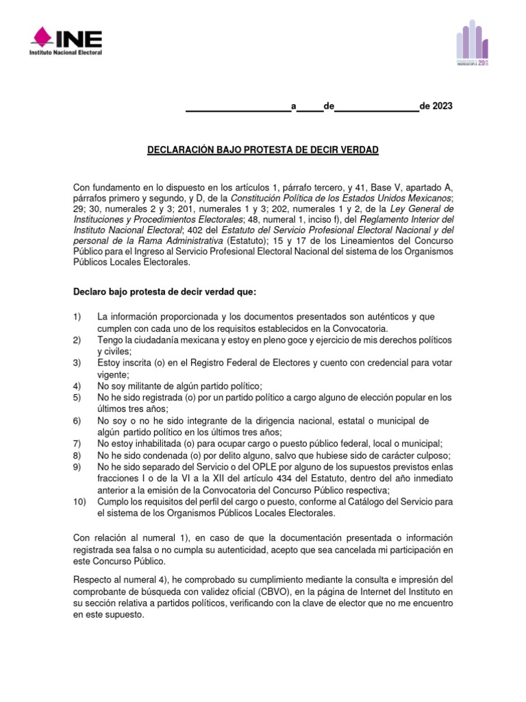 DESPEN Formato Decl Protesta OPLE 2022 2023 | PDF | México | Político