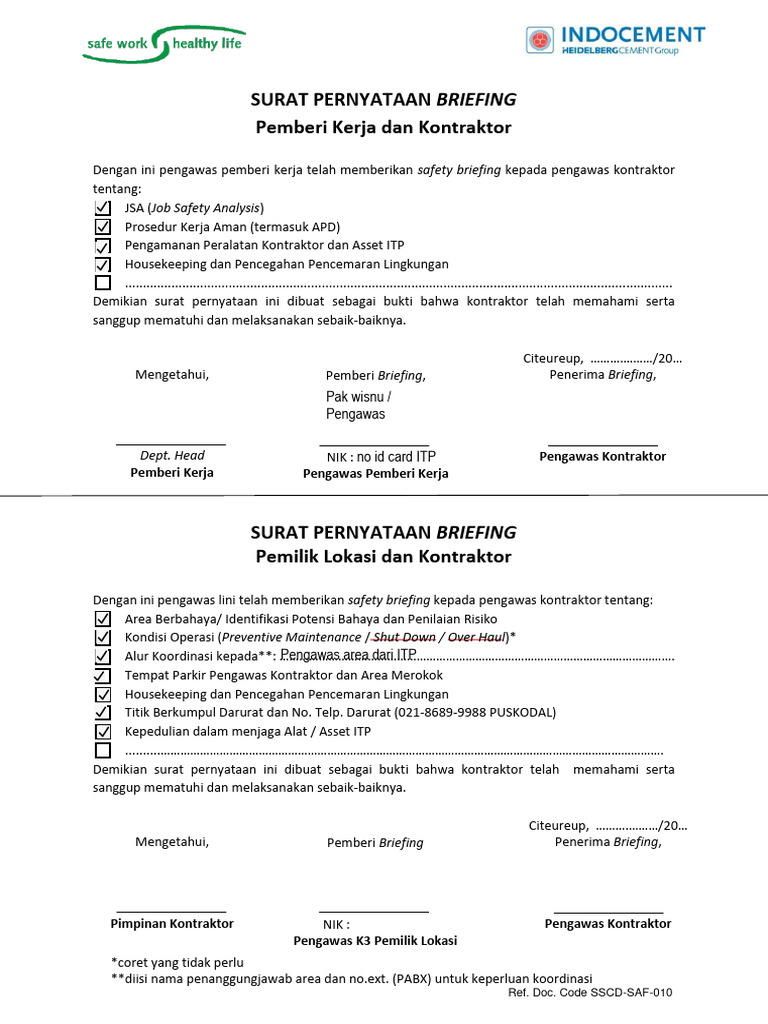 Form Surat Briefing Kontraktor(Ref SSCD SAF 010) | PDF