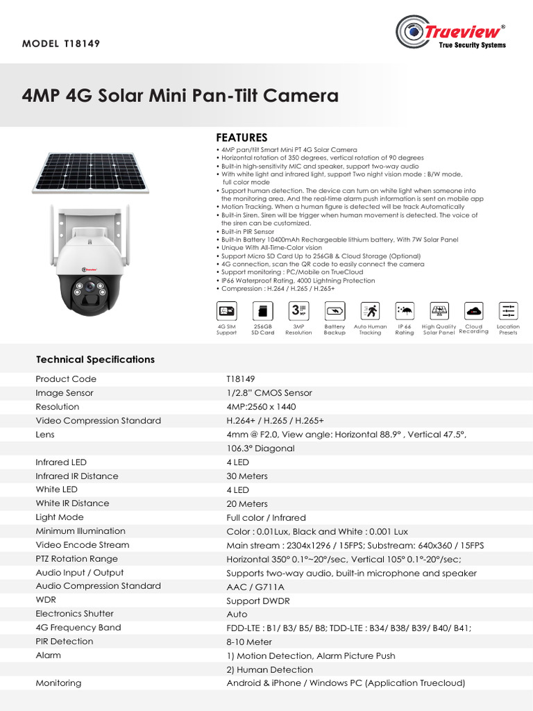 4MP 4G Solar Mini Pan Tilt T18149 | PDF | Camera | Infrared