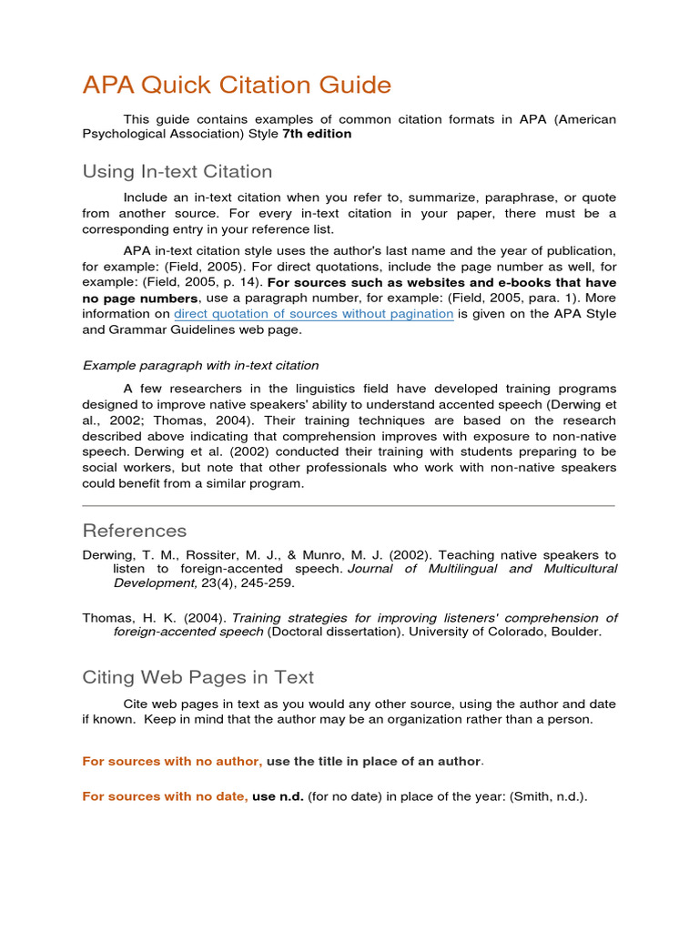 APA 7th Edition - Citation Reference Guide | PDF | Citation | Apa Style