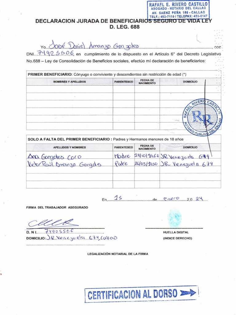 Declaracion Jurada Beneficiarios Seguro de Vida Ley | PDF