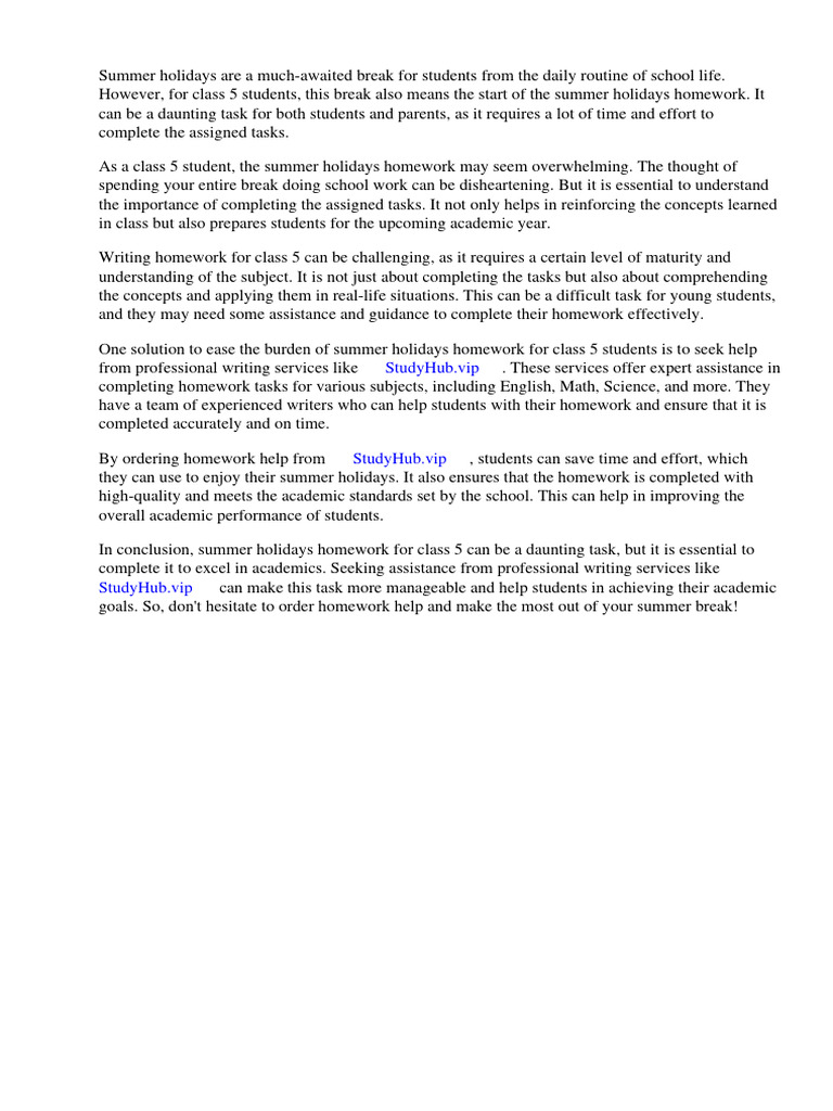 Summer Holidays Homework For Class 5 | PDF | Homework