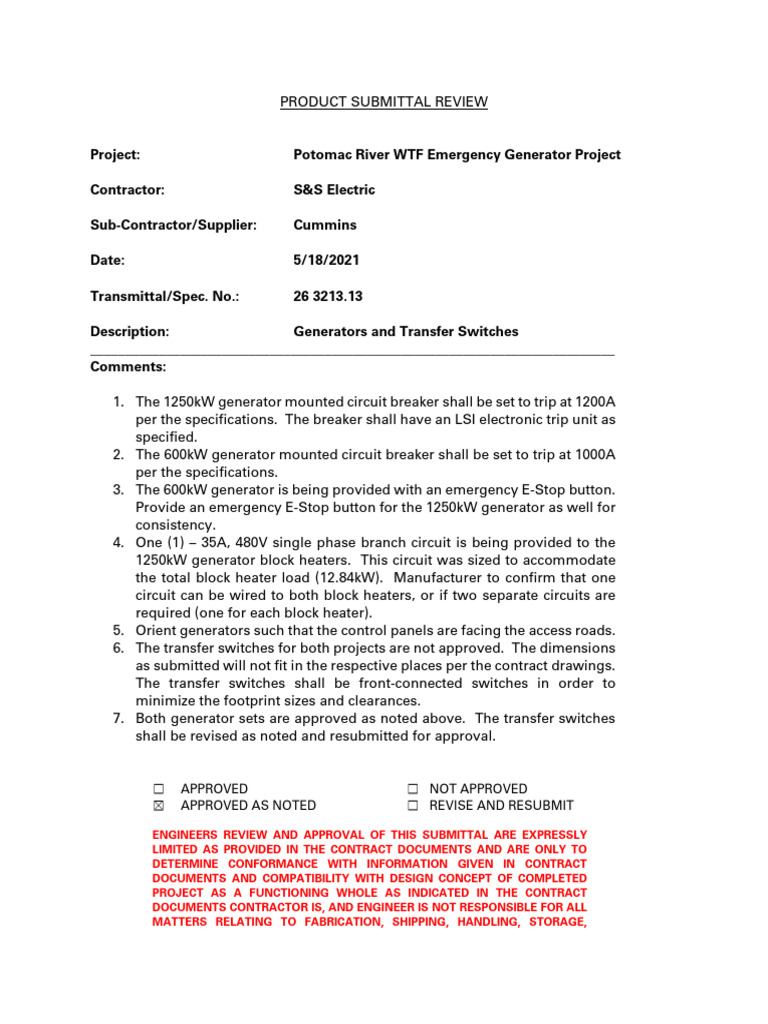 Returned Generator Submittal | PDF | Electrical Engineering | Electromagnetism