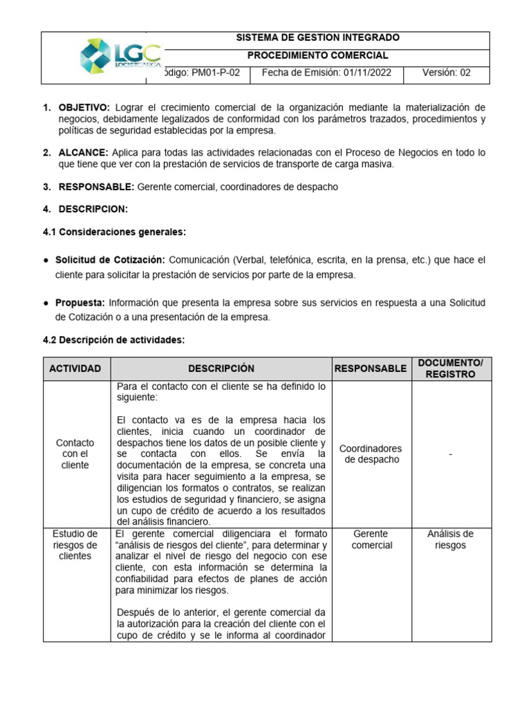 Pm01-P-02 - V02 Procedimiento Comercial | PDF | Business | La satisfacción del cliente