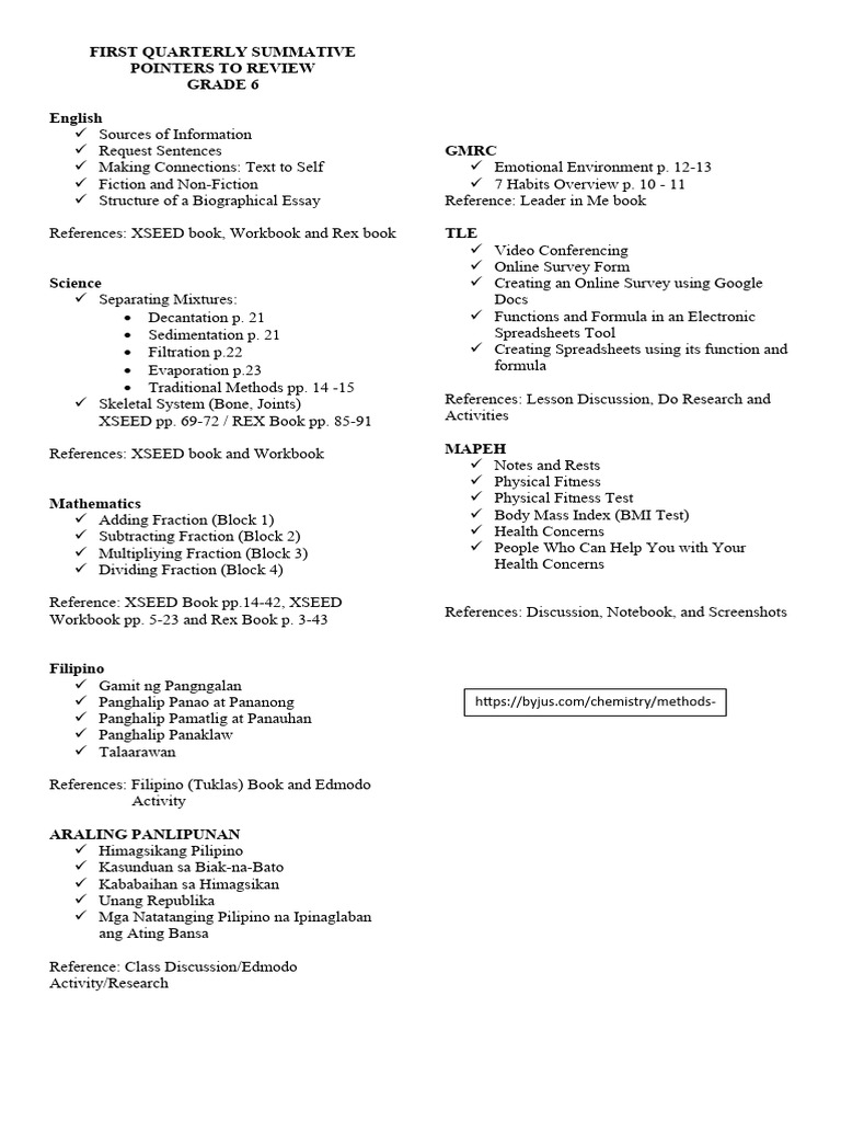 POINTERS - 1st Quarterly Summative Test 2020-2021 | PDF