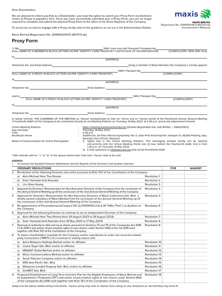 Proxy Form For Fourteenth AGM | PDF | Proxy Voting | Securities (Finance)