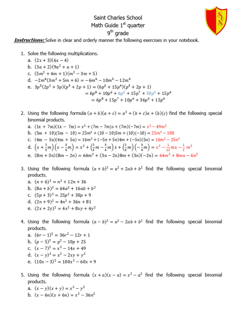 Math Guide 1st Quarter, 9th Grade Solutions | PDF | Mathematical ...