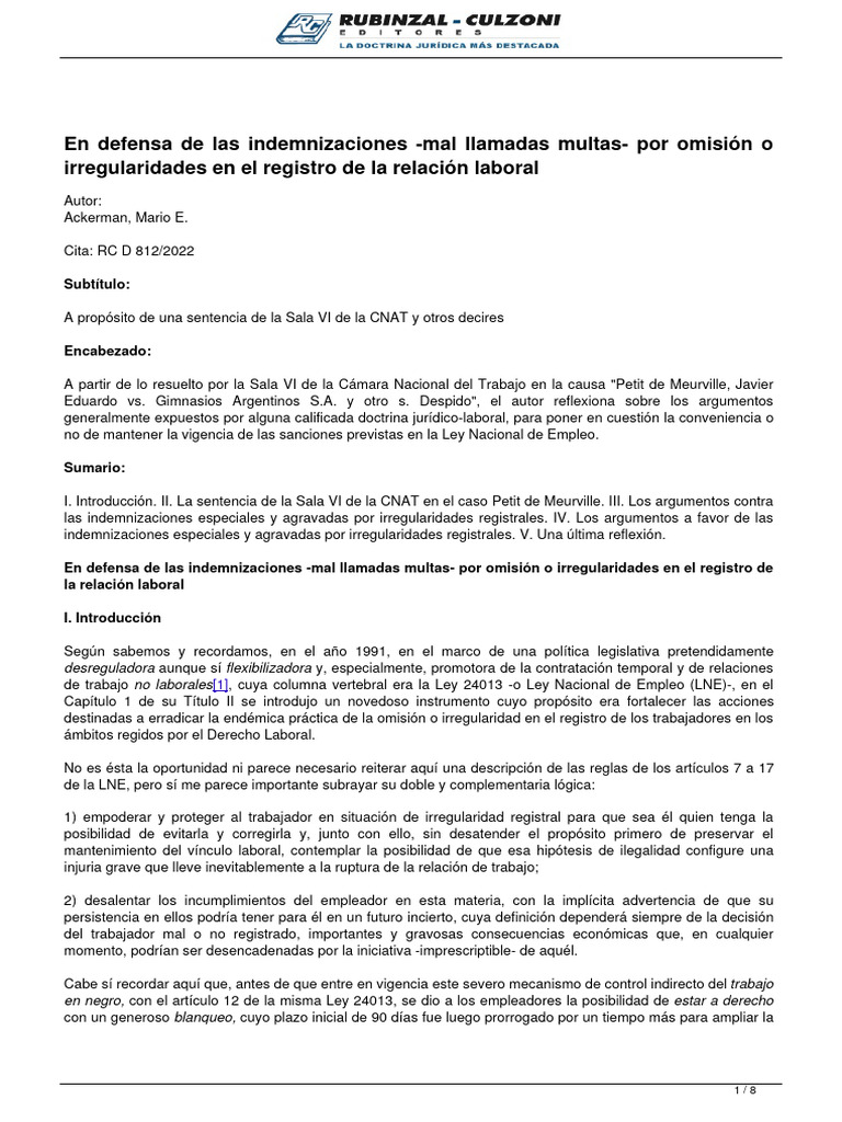 Mario Ackerman - EN DEFENSA DE LAS INDEMNIZACIONES - MAL LLAMADAS ...