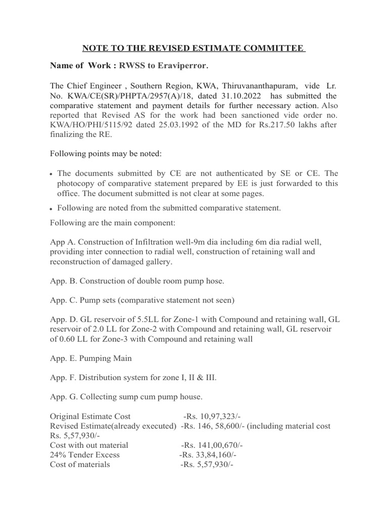 Revised Estimate for Eraviperror RWSS Project | PDF