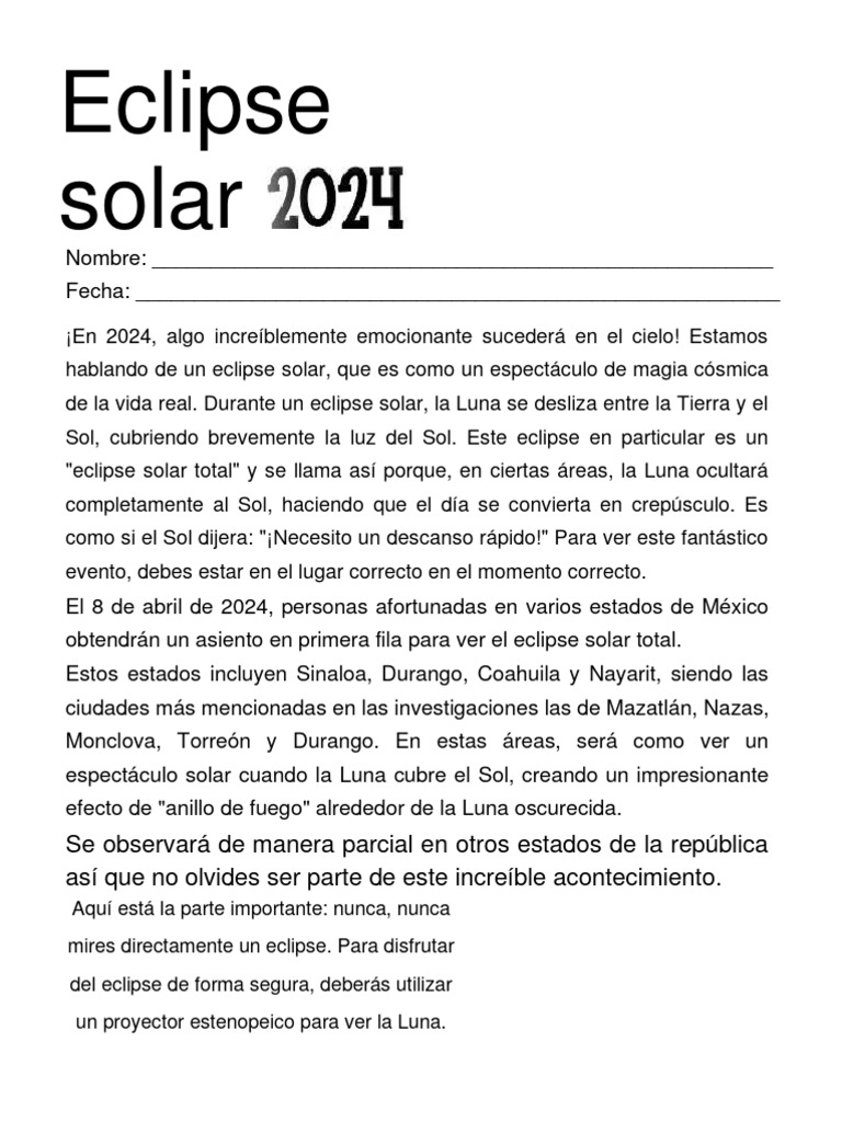 Guía Infantil del Eclipse Solar 2024 | PDF | Luna | Eclipse solar