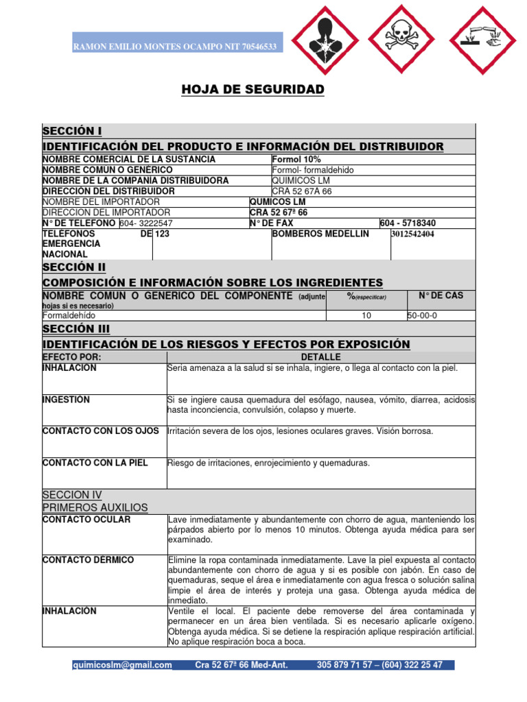 HS FORMOL 10% | PDF | Formaldehído | Agua