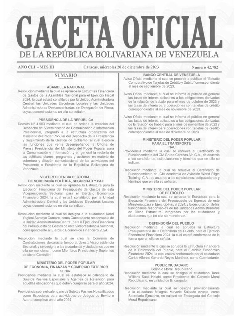 GO 42782 - Calendario SENIAT SPE 2024 | PDF