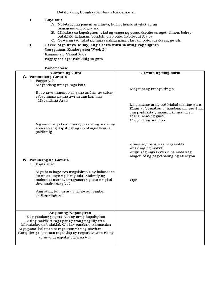 Detalyadong Banghay Aralin Sa Kindergarten | PDF