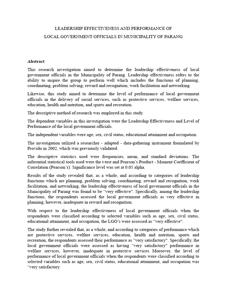 Leadership Effectiveness and Performance of | PDF | Governance | Leadership