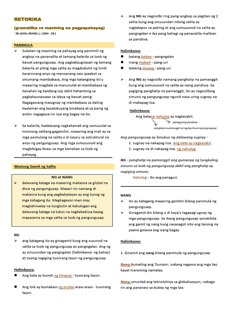 Retorikagramatika Vs Masining Na Pagpapahayag | PDF