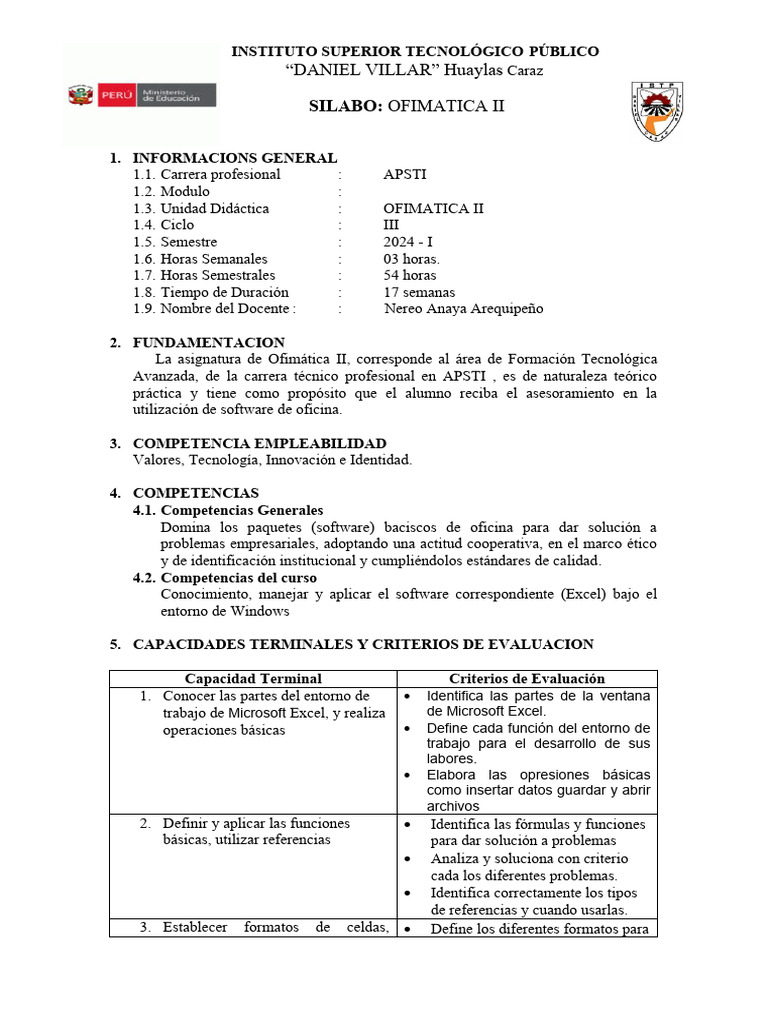 Silabo Modular Ofimatica II | PDF | Estadísticas | Microsoft Excel