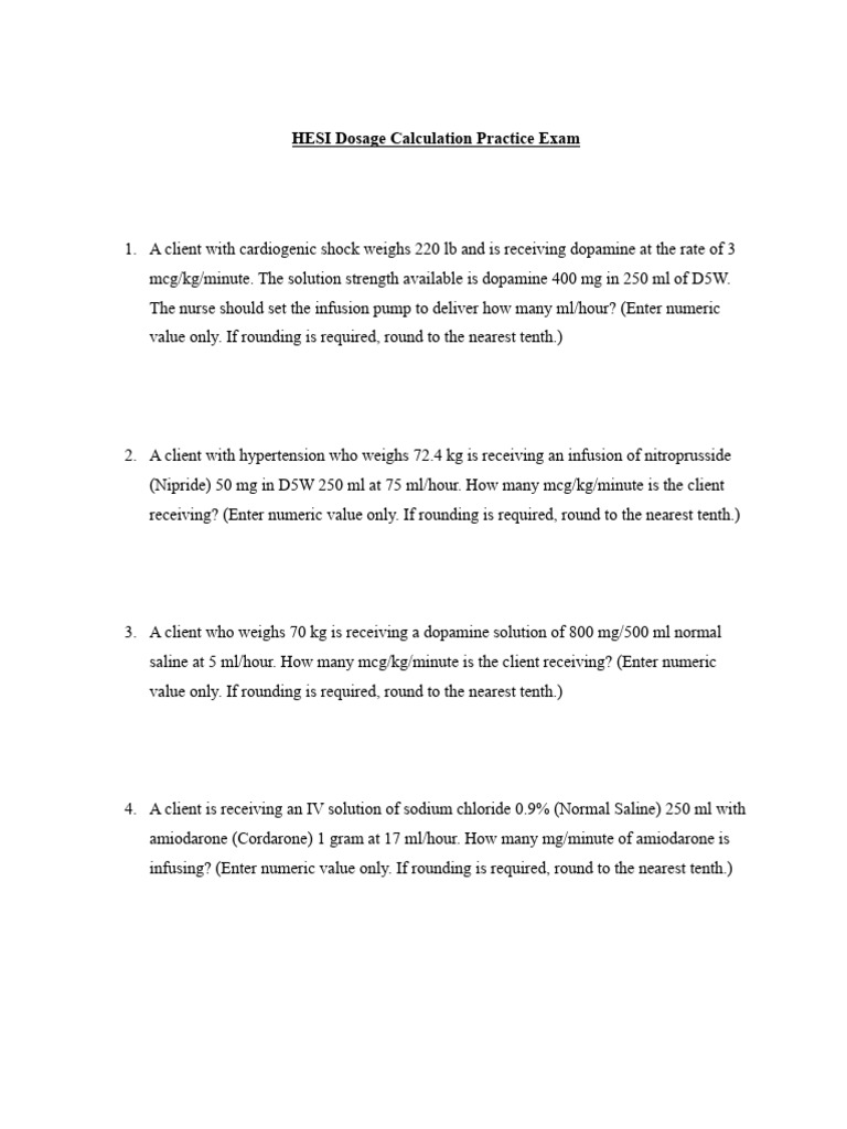 HESI Dosage Calculation Practice Exam | PDF | Intravenous Therapy ...