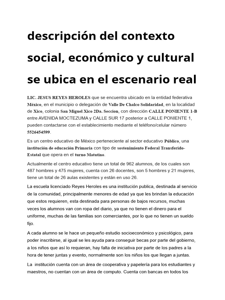 Descripción Del Contexto Social, Económico y Cultural Se Ubica en El Escenario Real | PDF ...