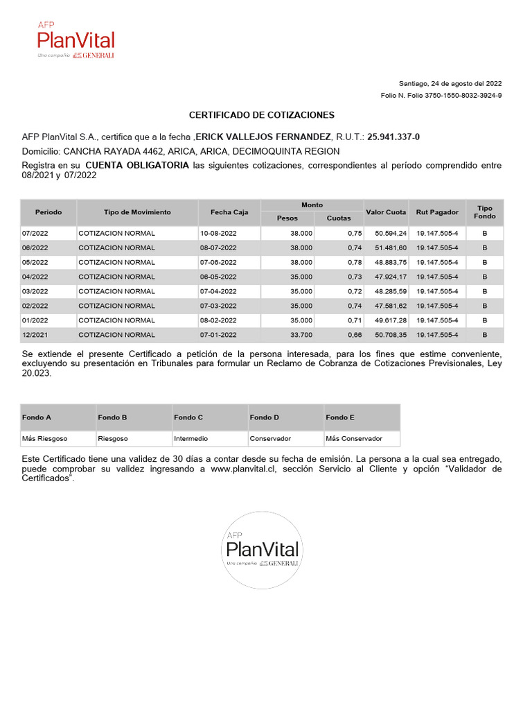 Certificado Cotizacion Plan Vital | PDF