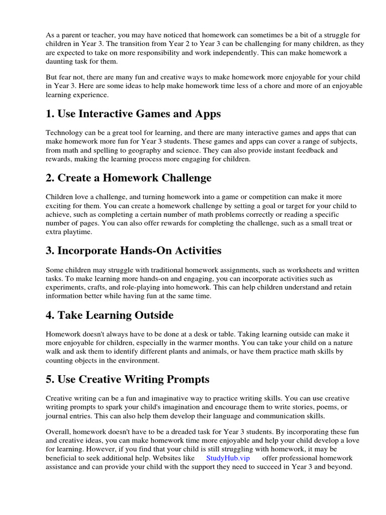 Fun Homework Ideas For Year 3 | PDF | Homework | Worksheet